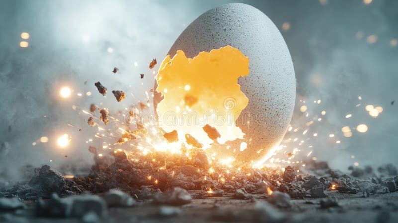 Egg Exploding with Bright Sparks and Debris Amidst a Smoky Background ...