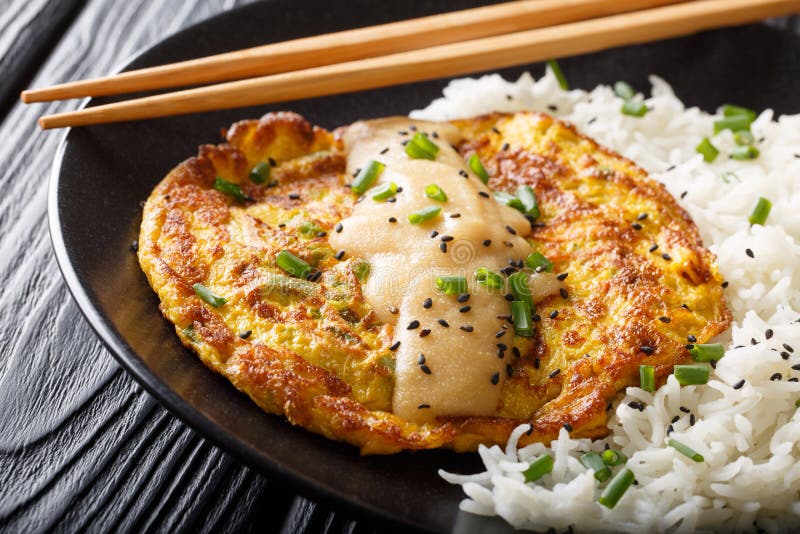 Egg Foo Yong Fried Egg Patty Containing Vegetables and Meat with Rice ...