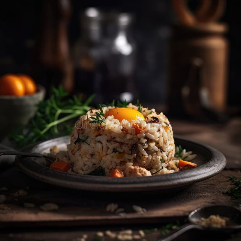 Egg Fried Rice on Stone in Rustic Pub. Generative AI Stock Illustration ...