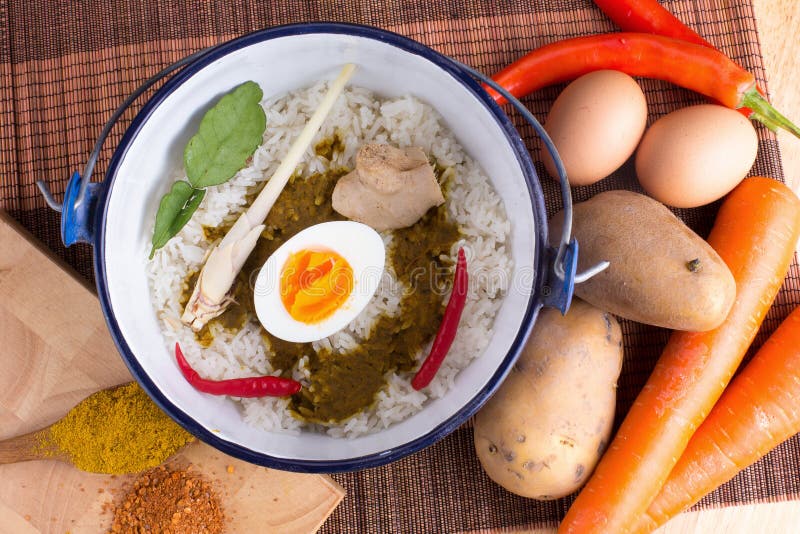 Egg Masala Curry with Rice in Blue Pot. Stock Photo - Image of fabric ...