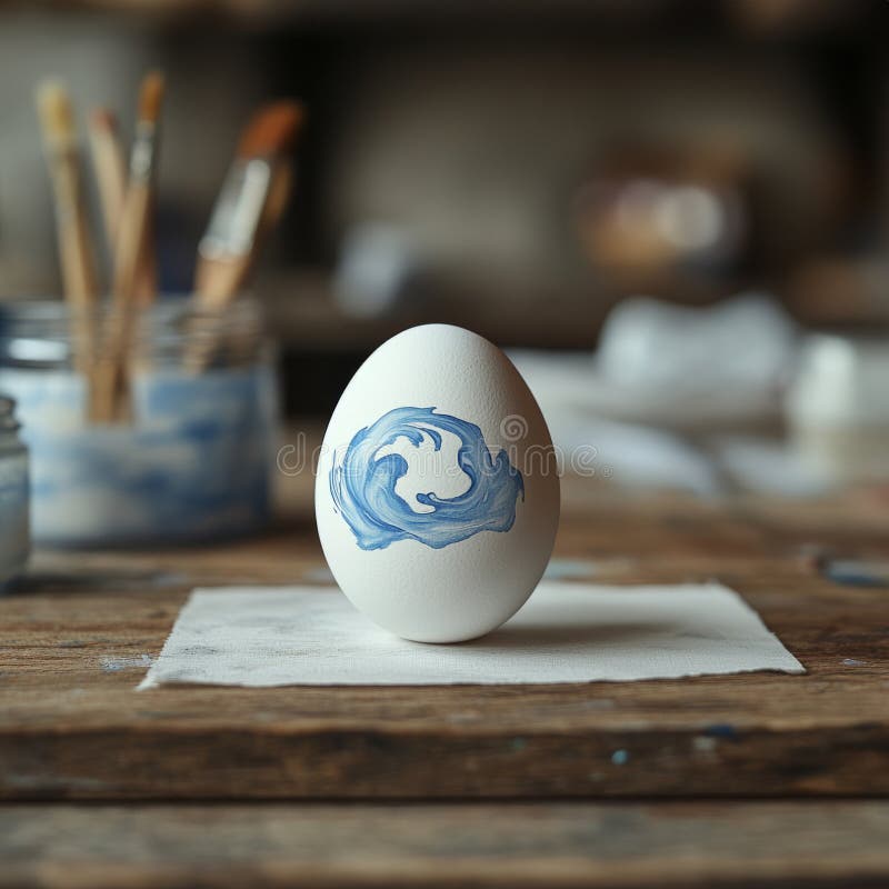 Egg with Painted Blue Wave Pattern on Wooden Table with Brushes. Stock ...