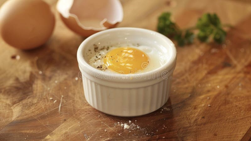 An Egg is Placed Inside a Small Bowl on a Wooden Cutting Board Stock ...