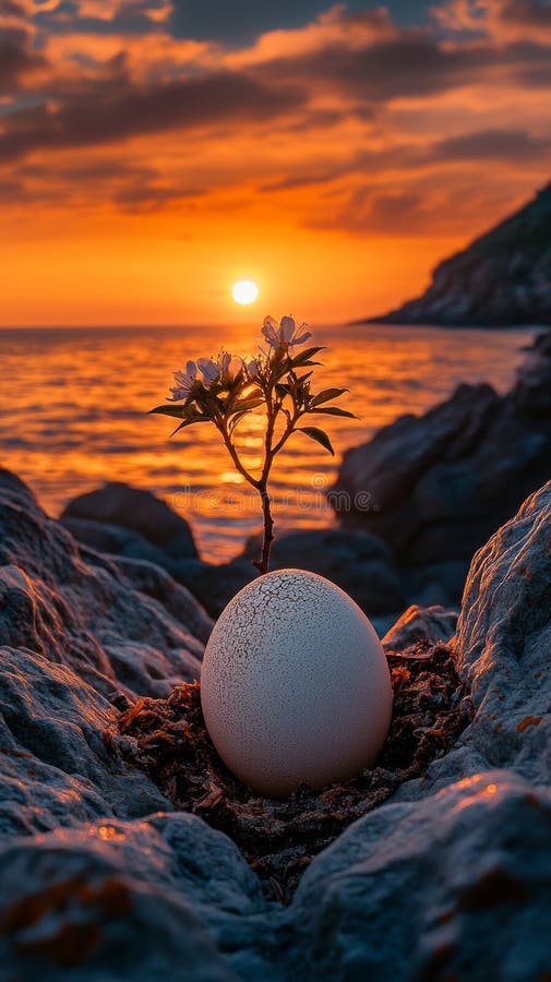 Egg with Plant at Sunset on Rocky Beach, Nature and Rebirth Concept ...