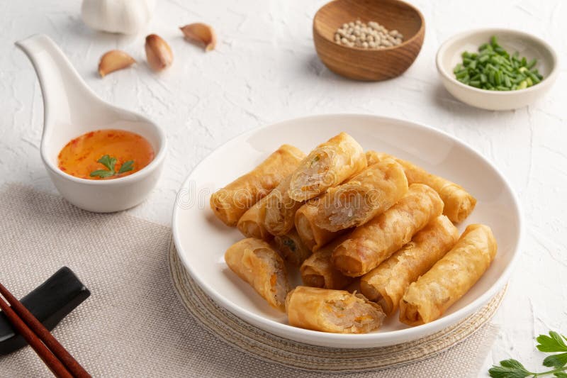 Egg Rolls,Deep Fried Glass Noodle Spring Rolls on White Plate. Stock ...
