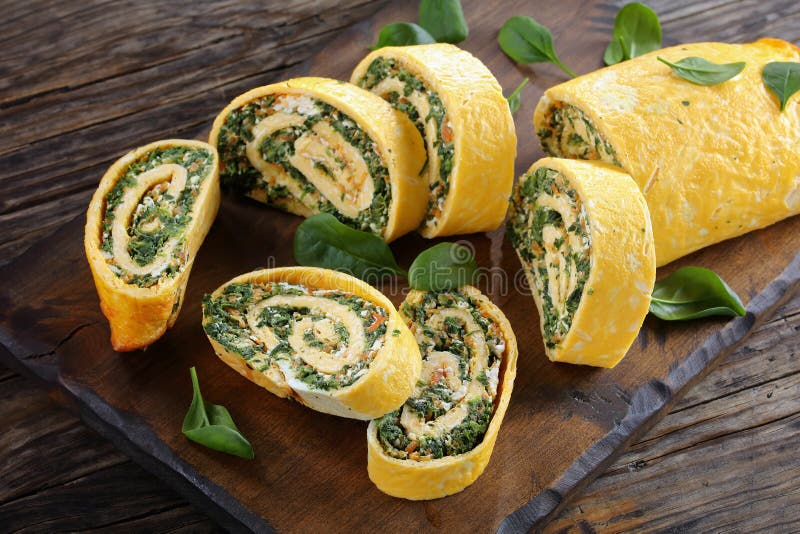 Egg Roulade with, Spinach, Carrots and Cheese Stock Image - Image of ...