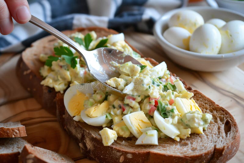 Egg Salad Being Spooned Onto Whole Wheat Bread Stock Image - Image of ...