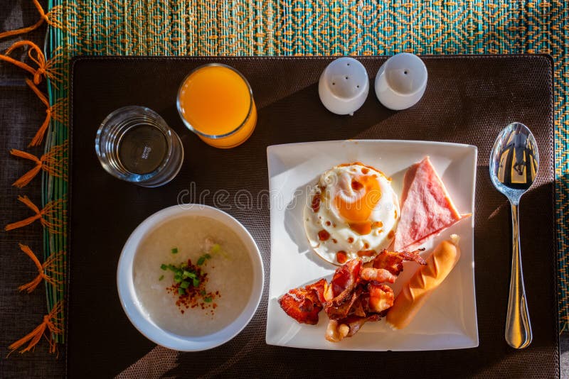 Egg Sausage Bacon and Gruel for Breakfast Stock Photo - Image of dining ...
