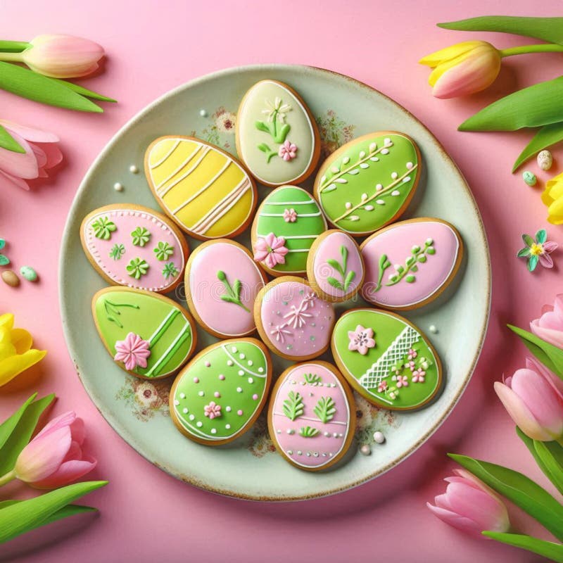 Egg-shaped Cookies Decorated with Pastel Icing Stock Illustration ...