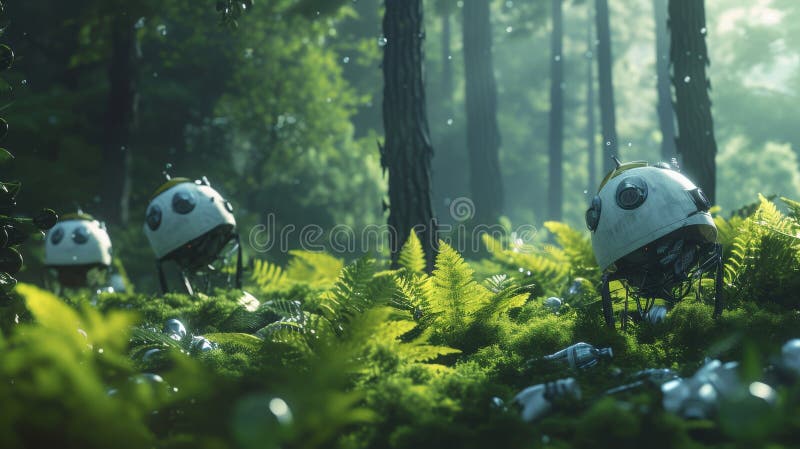 Egg-shaped Robots in Vibrant Green Forest Glade Stock Image - Image of ...