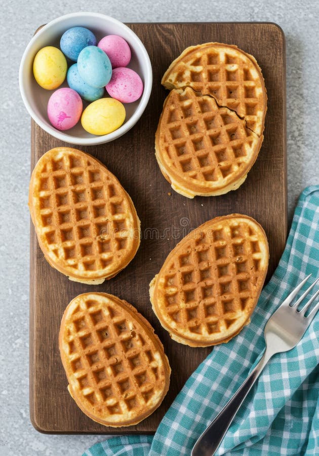 Egg-Shaped Waffles with Pastel Easter Eggs on Wooden Board Stock ...