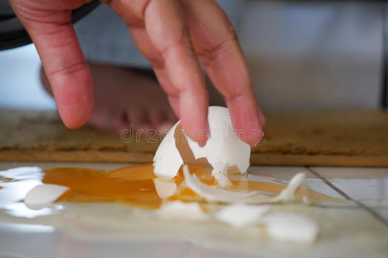Egg Shell Cracks on Kitchen Floor after Accidental Drop during Cooking ...