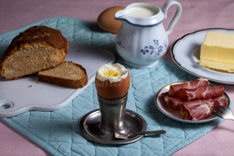 Egg on a Stand. Bread, Butter, Bacon and Cream Stock Photo - Image of ...