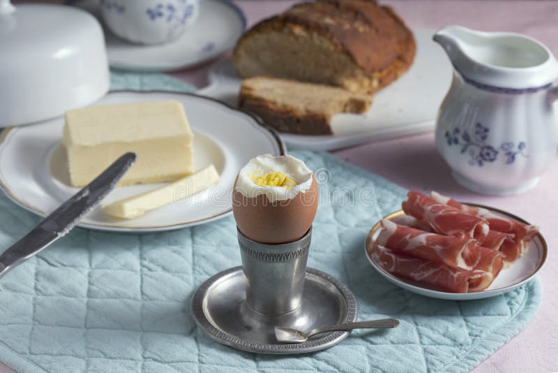 Egg on a Stand. Bread, Butter, Bacon and Cream Stock Image - Image of ...