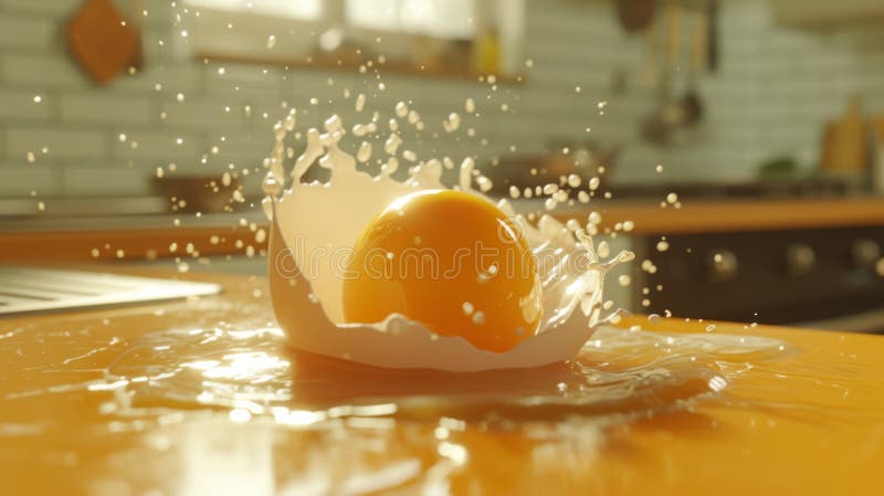 Egg Yolk Splashing Out of Shell in a Kitchen Environment Stock Photo ...