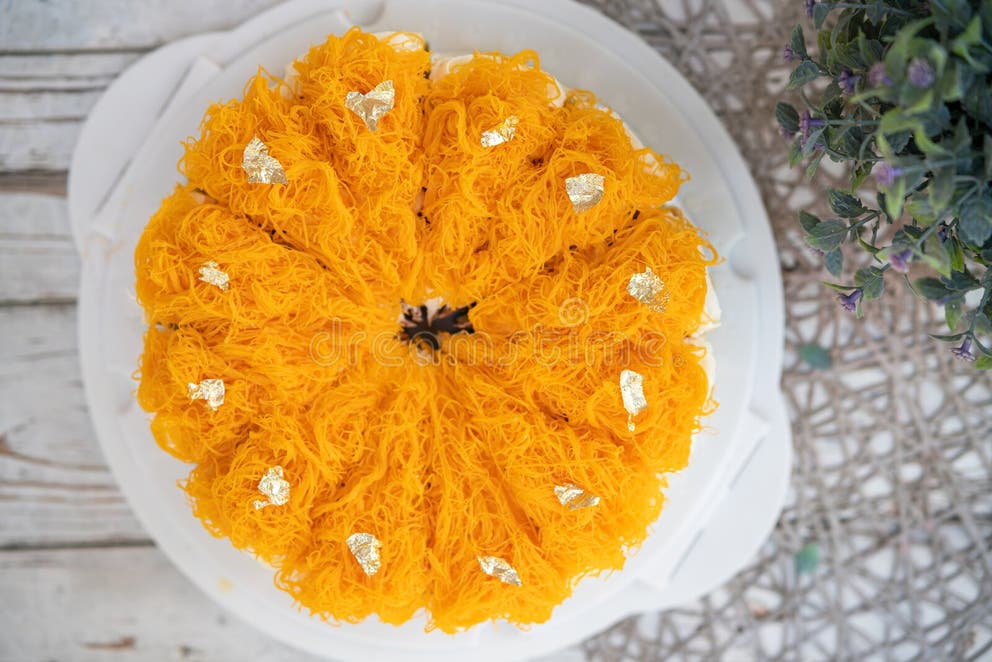 Egg Yolk Thread Cake Decorate with Gold Leaf Stock Photo - Image of ...