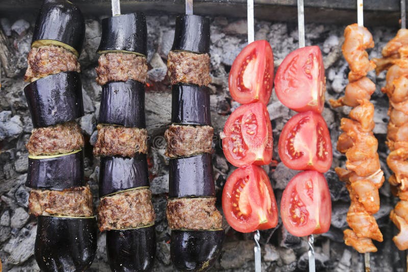 Eggplant Kebab and Chicken Skewers Cooked Over Coal Fire Stock Photo ...