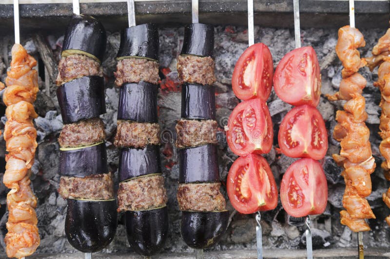 Eggplant Kebab and Chicken Skewers Cooked Over Coal Fire Stock Photo ...