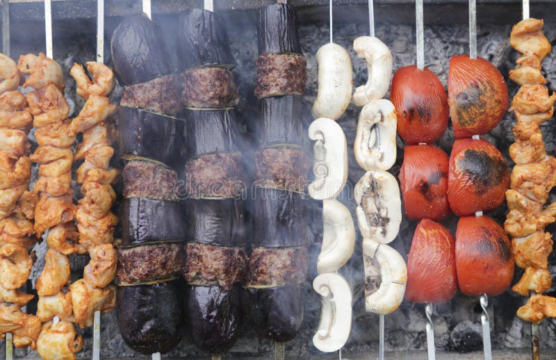 Eggplant Kebab and Chicken Skewers Cooked Over Coal Fire Stock Image ...