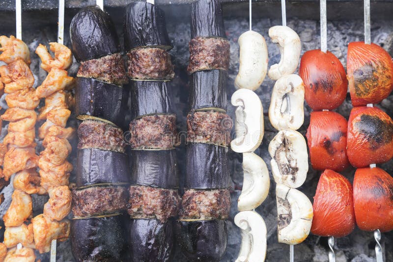 Eggplant Kebab and Chicken Skewers Cooked Over Coal Fire Stock Image ...