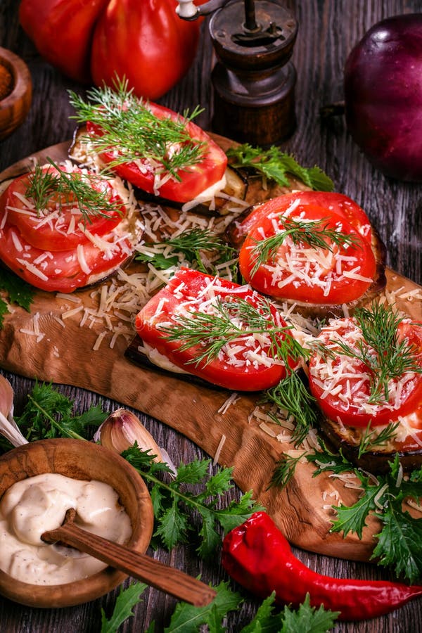 Eggplant and Tomato Stacks Rustic Stock Image - Image of closeup ...