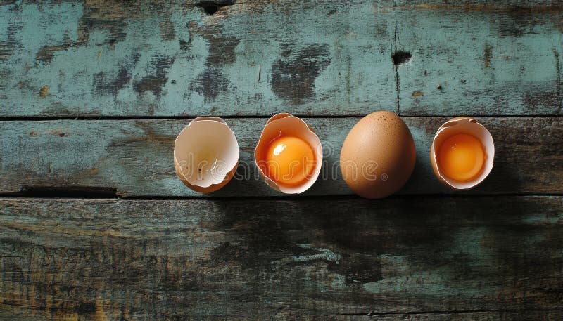 Eggs Arranged on Rustic Wooden Table with One Whole Egg and Two Cracked ...