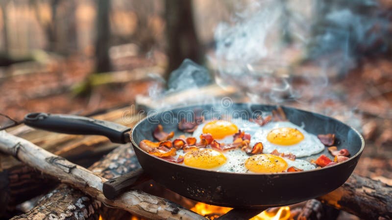 Eggs and Bacon Cooking Over an Open Fire Stock Illustration ...