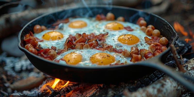 Eggs and Bacon Cooking in a Skillet Over a Campfire Stock Photo - Image ...