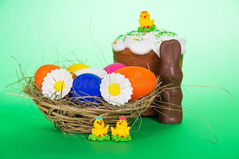 Eggs in Basket, Chocolate Rabbit and Cake Stock Photo - Image of grass ...