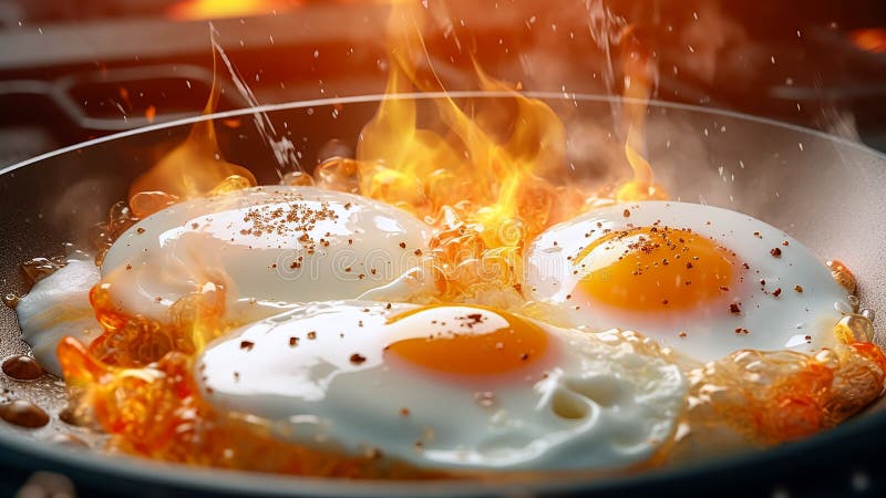 Eggs Being Cooked with Fire on Top of a Skillet, Generative AI Stock ...