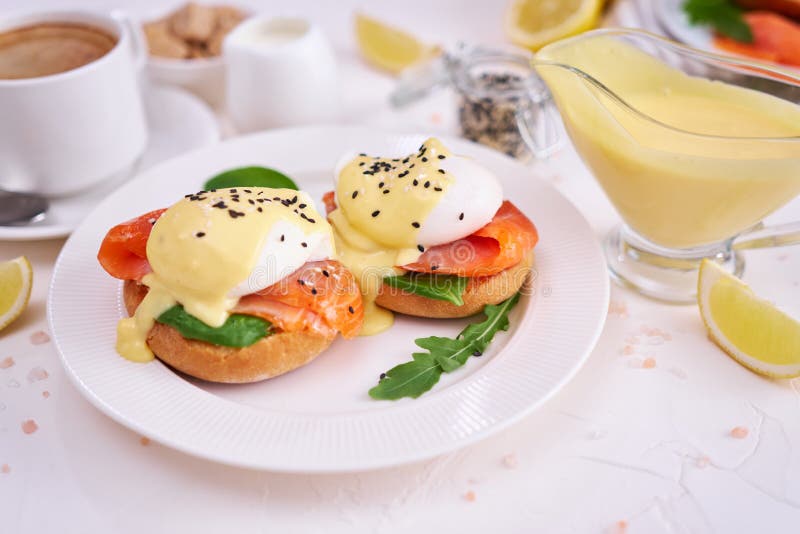 Eggs Benedict with Cream Cheese and Smoked Salmon on a Plate Stock ...