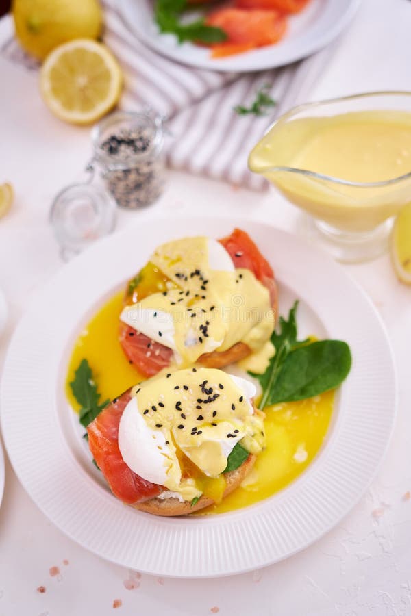 Eggs Benedict with Cream Cheese and Smoked Salmon on a Plate Stock ...
