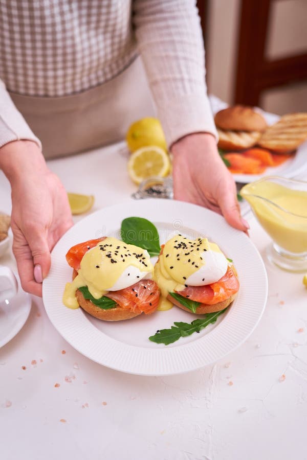 Eggs Benedict with Cream Cheese and Smoked Salmon on a Plate Stock ...