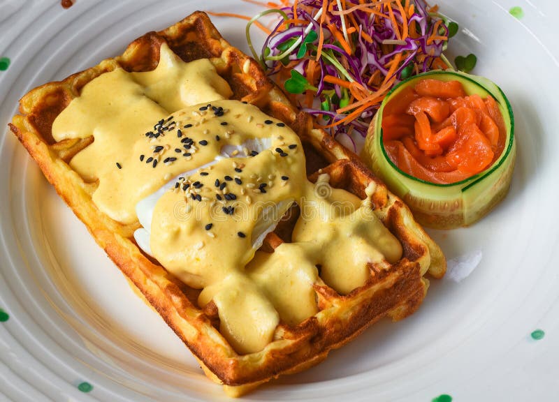 Eggs Benedict (poached Eggs) on Belgian Waffles with Salted Salmon ...