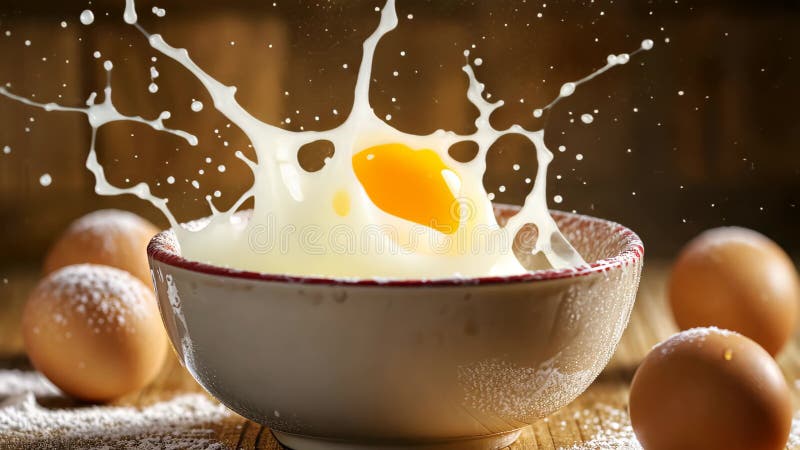 Eggs in a Bowl Splashed with Milk and Ingredients, Ready for Cooking ...