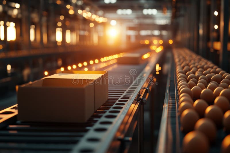 Eggs and Boxes Moving on a Conveyor Belt in a Factory Setting Stock ...