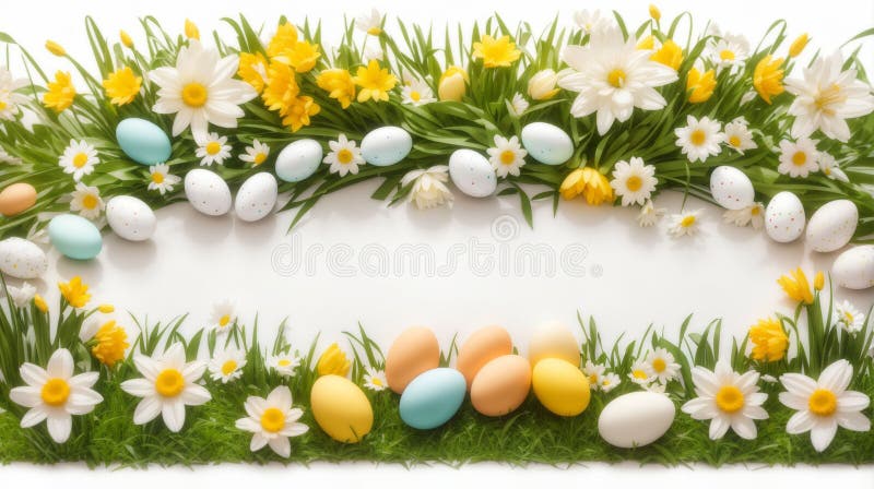 Eggs, Daisies, Daffodils, and Green Grass, Spring Easter Borders Stock ...