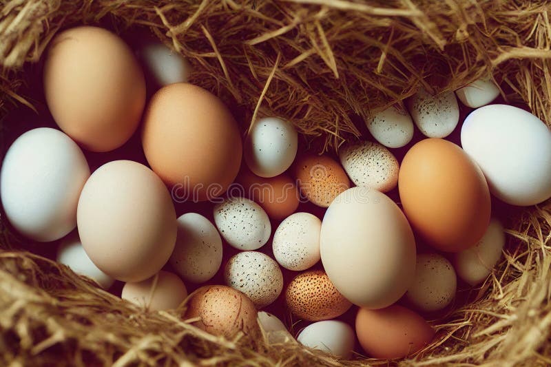 Eggs of Different Colors and Sizes Lie in Straw Basket Stock Photo ...