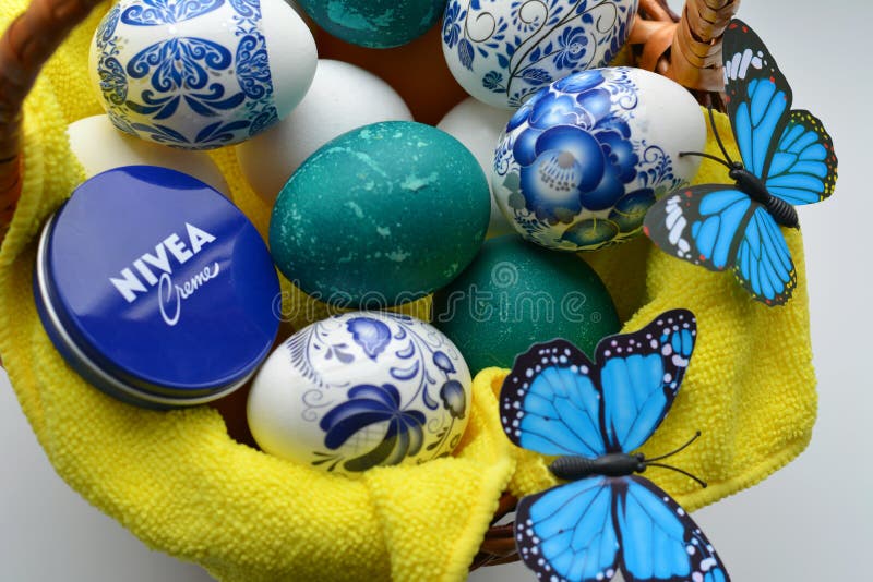 Eggs Easter and Nivea Cream in Basket White Background Editorial Stock ...