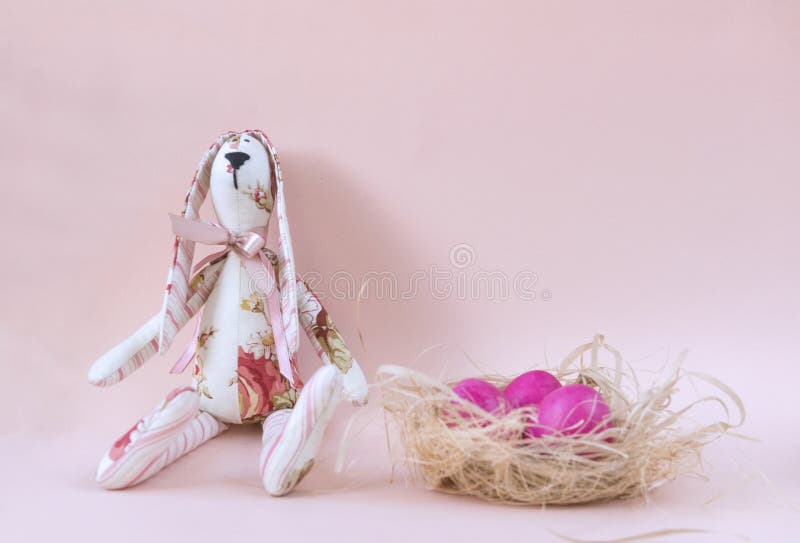 3, Eggs, Easter, Rabbit, Pink Chicken Boiled Eggs, Nest Stock Photo ...
