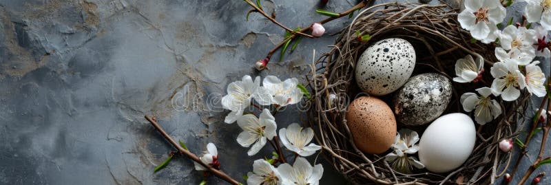 Eggs and Egg Nest in a Nest of Flowers on Steel Plate Stock Photo ...
