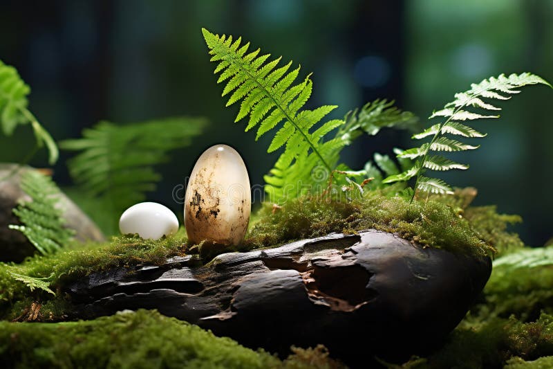 Eggs and Fern on a Stone in the Forest Stock Photo - Image of ...