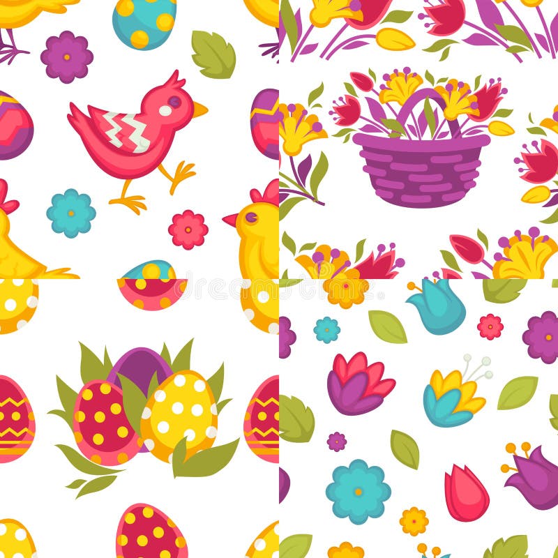 Eggs and Flowers Easter Seamless Patterns Spring Holiday Vector Stock ...