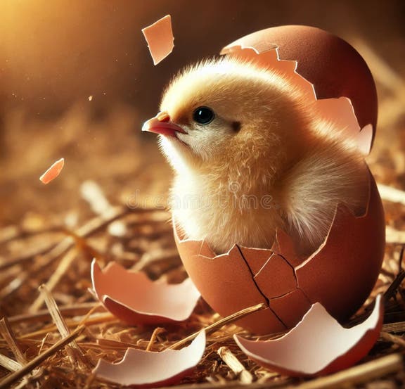 A Little Chick is Hatching from a Brown Egg Shell, Cracking into Pieces ...