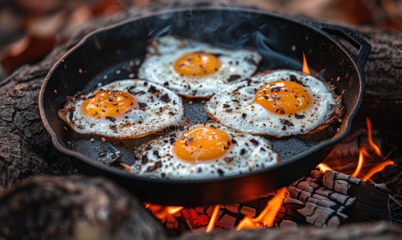 Eggs Fried in a Cast Iron Skillet Over a Campfire Stock Image - Image ...