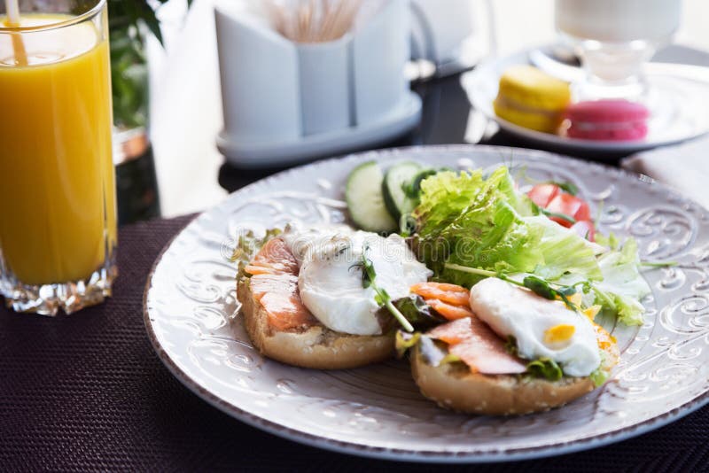 Eggs Poached, Fish and Salad for Breakfast Stock Photo - Image of ...