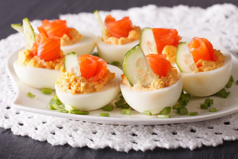Eggs Stuffed with Salmon Close-up on a Plate. Horizontal Stock Photo ...