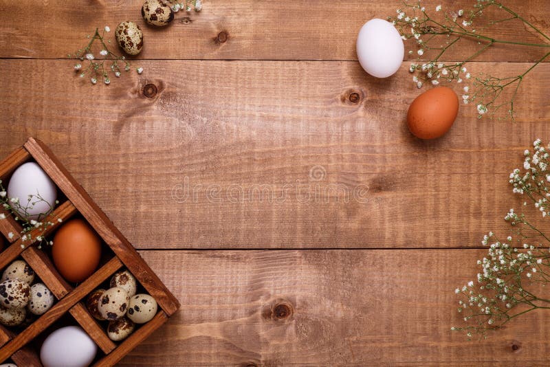 Eggs in Wooden Box on the Table. Top View Stock Photo - Image of quail ...
