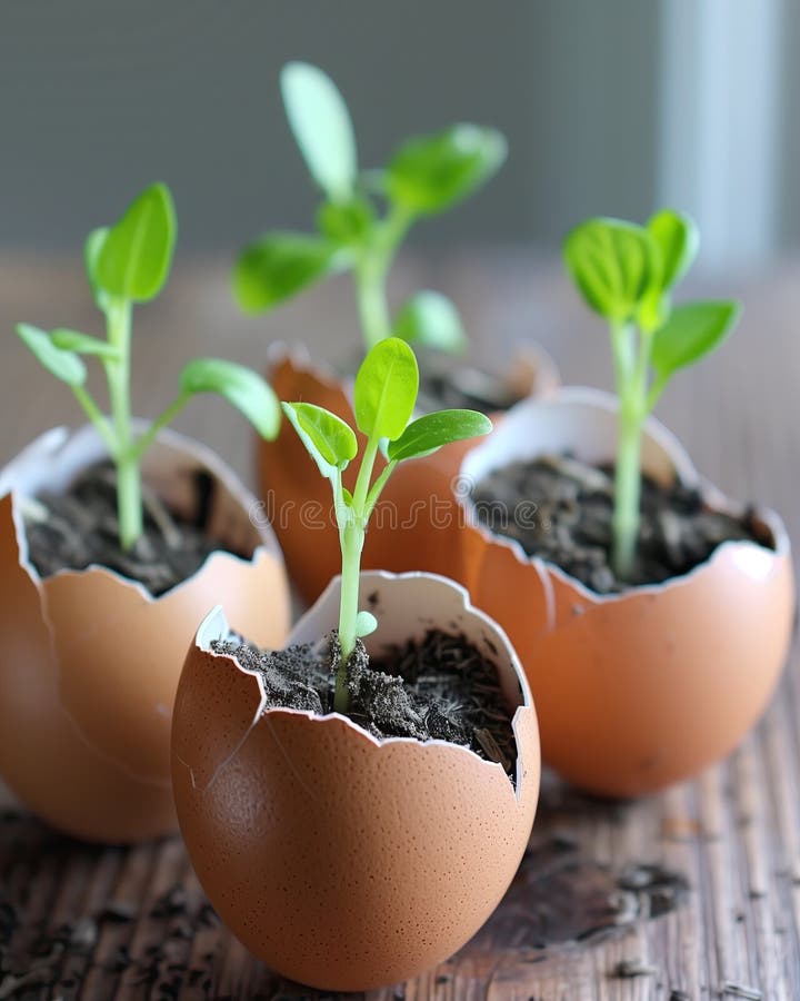 Eggshell Flowerpots with Tiny Terrestrial Microgreen Plants Sprouting ...