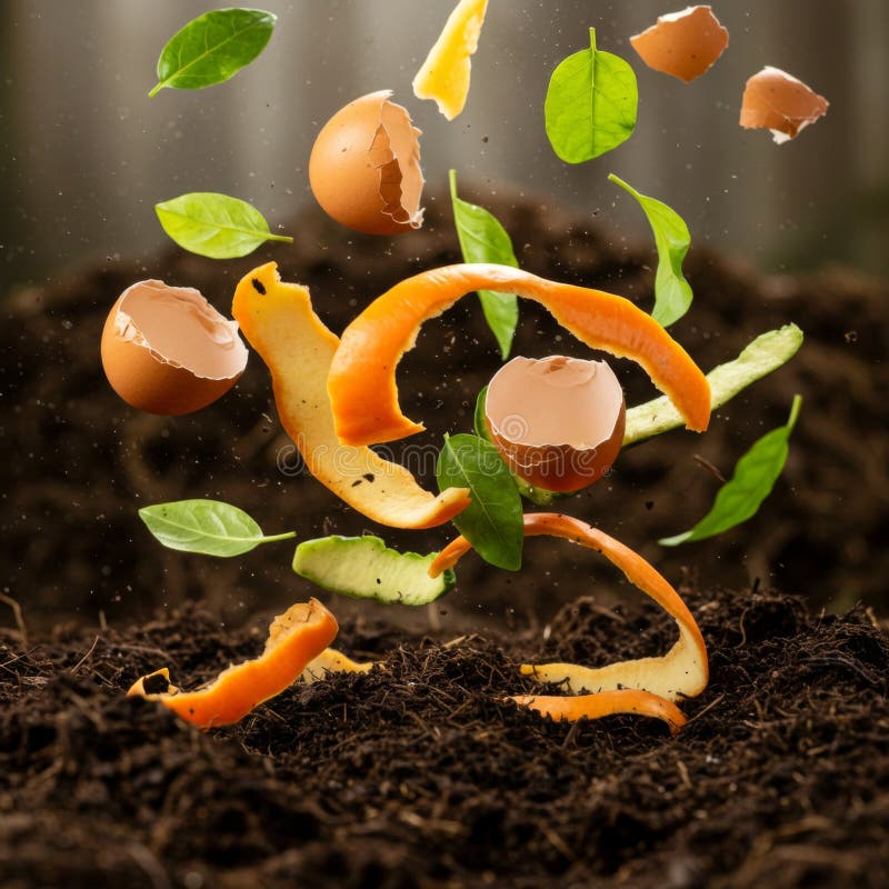 Eggshells Orange Peels and Leaves Falling into Compost Stock ...