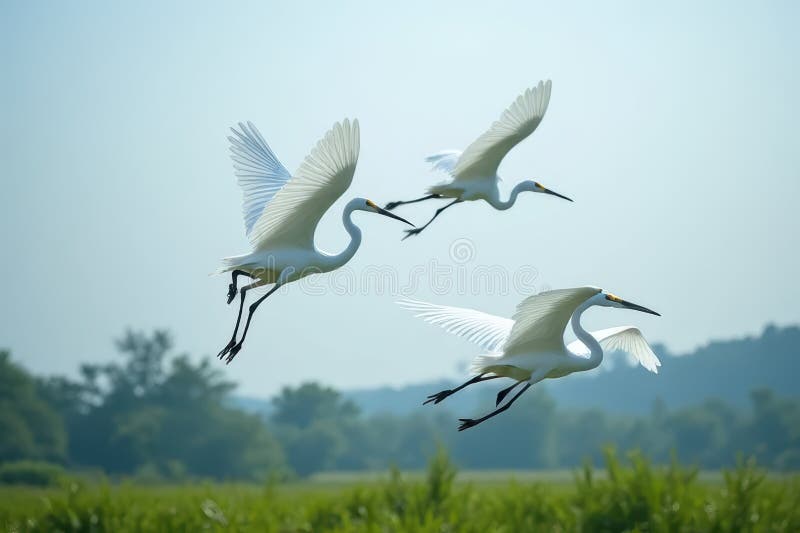 Egret Flights in Aerial Perspective Stock Illustration - Illustration ...